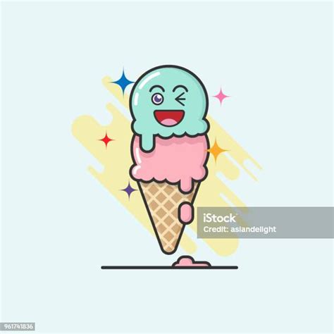 아이스크림 콘 딸기의 귀여운 만화와 감정 행복 한 얼굴을 가진 백색 배경에 레몬 라임 맛 아이스크림 선 그림 배경입니다 크리에이