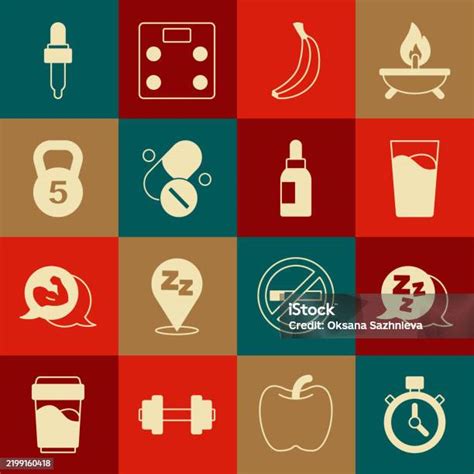 스톱워치 졸린 물이 담긴 유리잔 바나나 비타민 알약 무게 피펫 오일 및 필수 병 아이콘을 설정합니다 벡터 건강한 생활방식에 대한 스톡 벡터 아트 및 기타 이미지 Istock