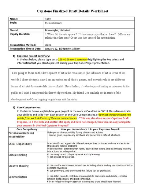 Capstone Finalized Draft Details Worksheet Pdf Thought Critical