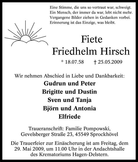 Traueranzeigen Von Friedhelm Hirsch Trauer In NRW De
