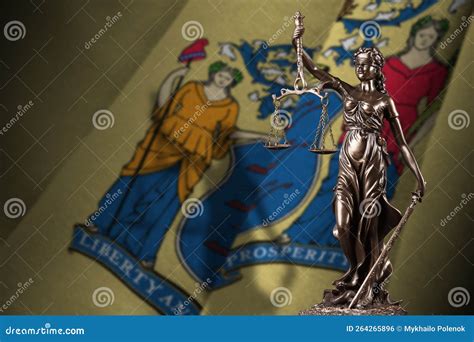 New Jersey Us State Flag With Statue Of Lady Justice And Judicial