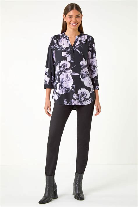 Lilac Floral Print Notch Neck Top Roman UK