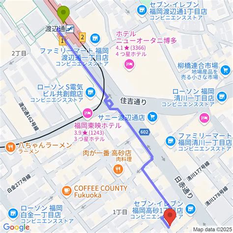 ワンナイン・サウンドプロデュースの最寄駅渡辺通駅からの徒歩ルート（約8分） Mdata