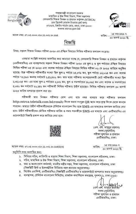 ১৭ তম শকষক নবনধন লখত পরকষর ফলফল ২০২৩ এনটআরসএ রজলট 2023