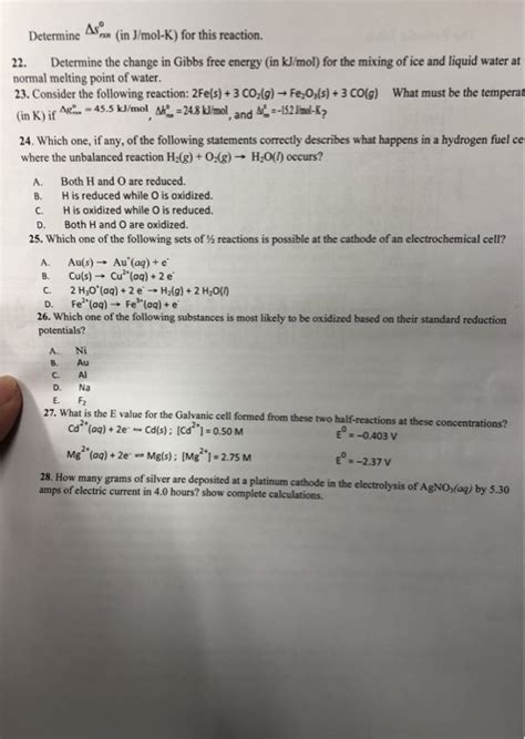 Solved Determine In J Mol K For This Reaction 22