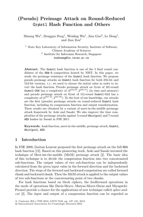 Pdf Pseudo Preimage Attack On Round Reduced Grøstl Hash Function
