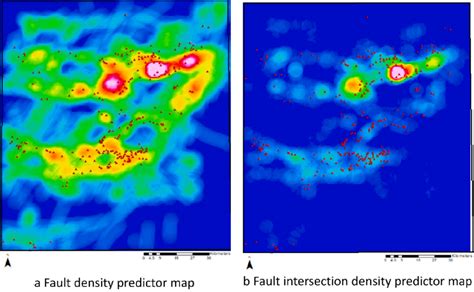 a fault density predictor map b fault intersection density predictor
