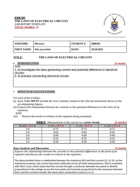 Exp07 Electrical Circuits Lab Report Template 1 Pdf Series