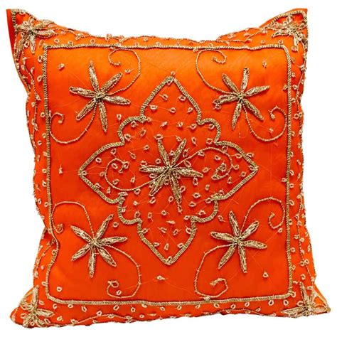 Throw Decorative Orange Accent Pillow Embellished With Sequins And