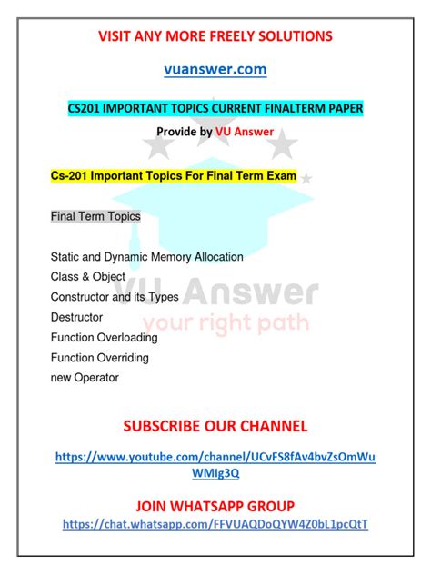 Cs201 Final Important Topics By Vu Answer Pdf Constructor Object Oriented Programming