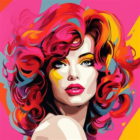 Colorful Pop Art Female With Wavy Hair And Bright Background Premium