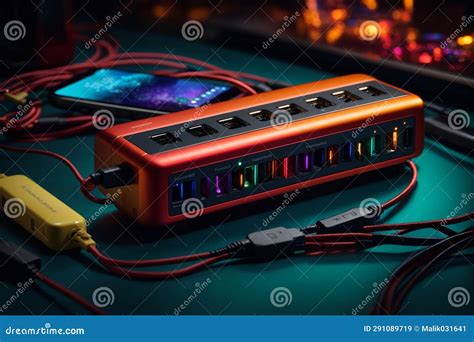 a multi port usb hub with various devices connected stock illustration