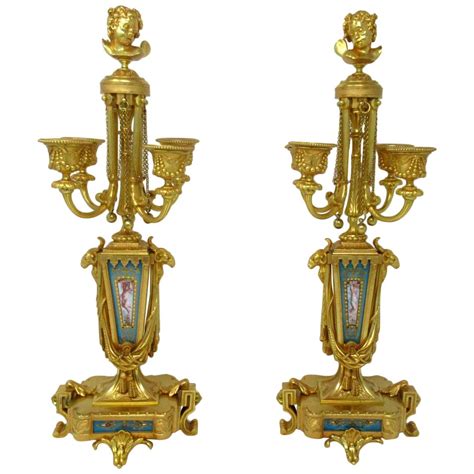 Antique Pair Of Sèvres Porcelain Gilt Bronze Cherub Candelabra