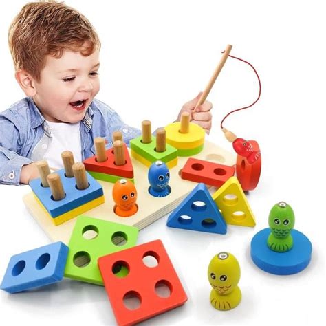 Jouet Montessori Enfant Bois à Empiler et de Tri Trieur Forme et Jeu de Pêche Magnétique en Bois