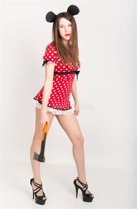 Busty Beautiful Young Girl In A Short Dress With Polka Dots Ax In One