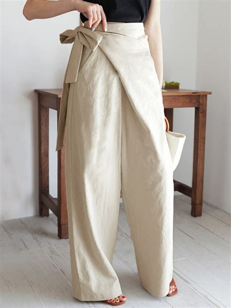 Women S Asymmetrical Bandage Design Wide Leg Pants Solid Color