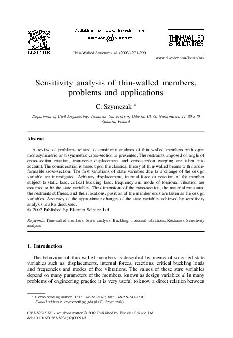 Pdf Sensitivity Analysis Of Thin Walled Members Problems And