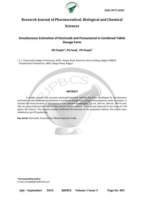 Pdf Simultaneous Estimation Of Etoricoxib And Paracetamol In Combined Tablet Dosage Form