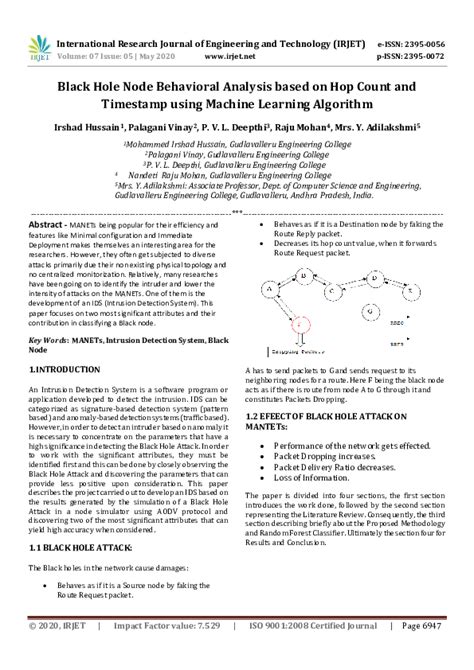 Pdf Irjet Black Hole Node Behavioral Analysis Based On Hop Count And Timestamp Using Machine