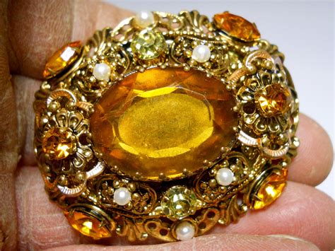 Vintage West Germany Citrine Topaz Faceted Rhinestone Brooch