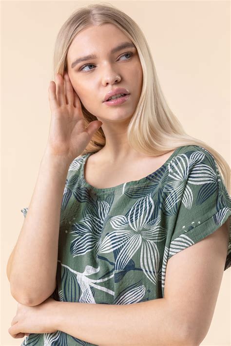 Floral Print Cap Sleeve Top In Khaki Roman Originals Uk