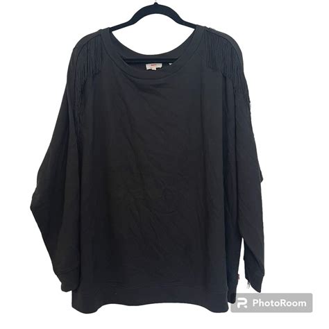 Levis Womans Black Crewneck Sweatshirt Fringe Sleeve Gem
