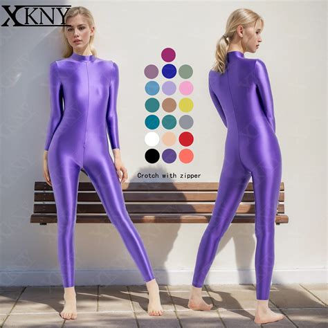 Xckny Satin Glossy One Piece Bodysuit Sexy Oil High Neck Long Sleeve
