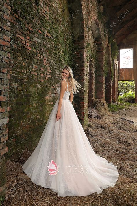 Cute Pink Tulle Floral Lace Strap Corset Wedding Dress Lunss