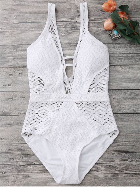 Open Back Lace Plunge One Piece Swimsuit Black White Swimsuits