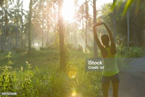 피트 니스 젊은 여성 러너 아침 열 대 숲의 흔적에 실행 하기 전에 워밍업 건강한 생활방식에 대한 스톡 사진 및 기타 이미지