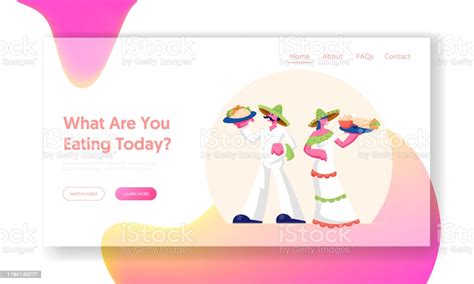 전통적인 멕시코 음식 레스토랑 웹 사이트 방문 페이지 타코와 라틴 식사 웹 페이지 배너와 함께 트레이를 들고 솜브레로와 라틴 어 드레스를 입고 남자와 여자 만화 플랫 벡터