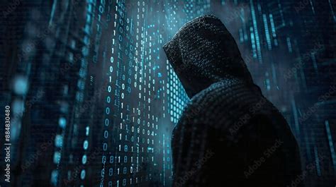 Visual Depiction Of A Hacker Looming Over A Screen With Binary Code