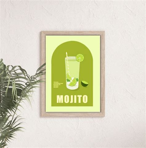Mojito Cocktail Print Bar Cart Wall Art Retro Poster Aesthetic Digital