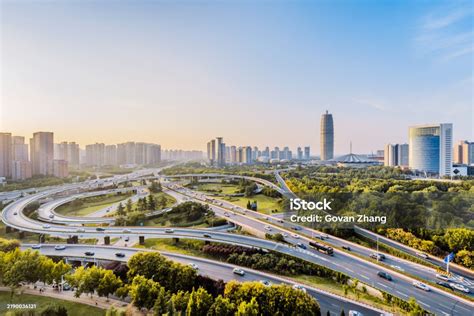 Aerial View Dusk Skyline Of The Overpass In Zhengdong New District