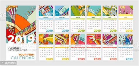 2019 달력 추상 현대 미술 벡터 세트입니다 책상 스크린 데스크탑 월 2019 다채로운 2019 달력 템플릿 의제 패턴 환각