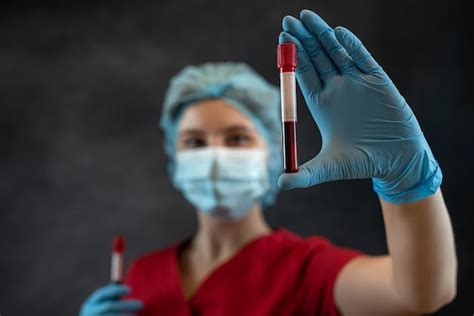 Una enfermera con uniforme rojo muestra un tubo de análisis de sangre aislado en un fondo oscuro