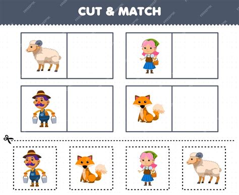 어린이를 위한 교육 게임은 귀여운 만화 양 농부 여우 인쇄 가능한 농장 워크시트의 동일한 그림을 자르고 일치시킵니다 프리미엄 벡터