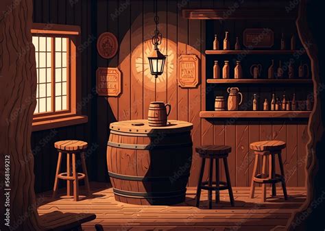 Cartoon Illustration Old Tavern With Wooden Bar Counter Ai Generative