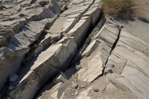Fracture In Solid Rock With Exposed Fault Line Visible Stock