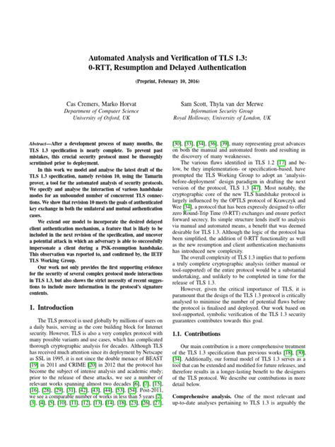 Automated Analysis And Verification Of Tls 13 0 Rtt Resumption And