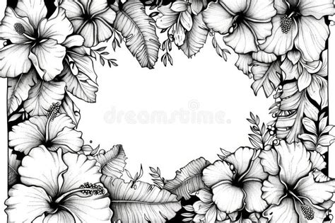 Intricate Black And White Floral Frame With Hibiscus And Tropical