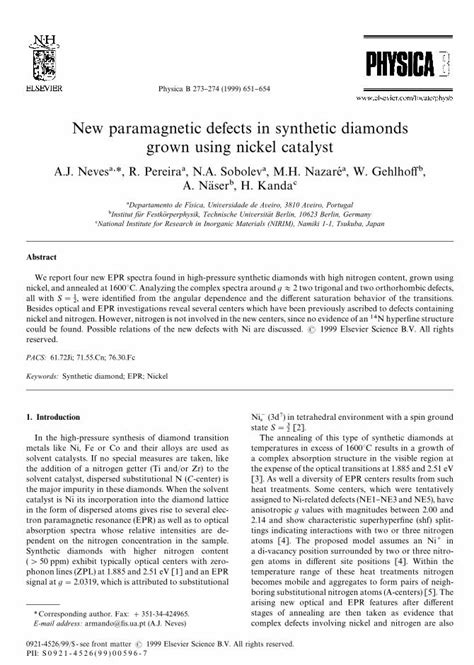 Pdf New Paramagnetic Defects In Synthetic Diamonds Grown Using Nickel