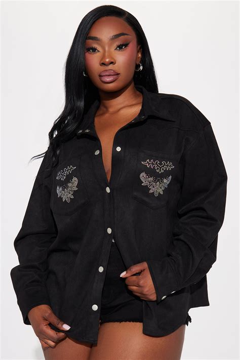 Dolly Embellished Faux Suede Shirt Black Fashion Nova