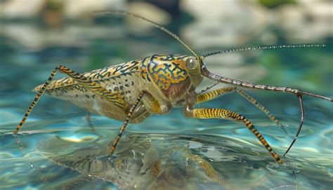 Close Up View Of An Intricately Patterned Insect On A Reflective Water Surface Displaying