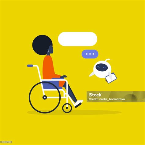 현대 건강 관리 새로운 기술 휠체어에 앉아 젊은 장애인 검은 여성 캐릭터 장애 귀여운 흰색 의사 로봇입니다 플랫 편집 가능한 벡터 일러스트 클립 아트 개념에 대한 스톡 벡터