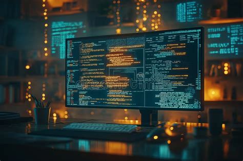 A Programmer S Workspace Illuminated By Colorful Code At Night