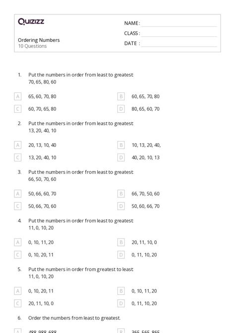 50 ordering numbers 11 20 worksheets on quizizz free and printable