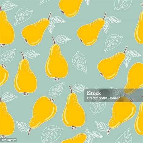 배 과일 이음새가 없는 무늬 잎 손으로 그려진 배가 반복되는 배경 전체 과일과 절반을 자른다 배경 섬유 포장지 벽지를위한 음식 템플릿 벡터 일러스트 레이 션 건강한 식생활에