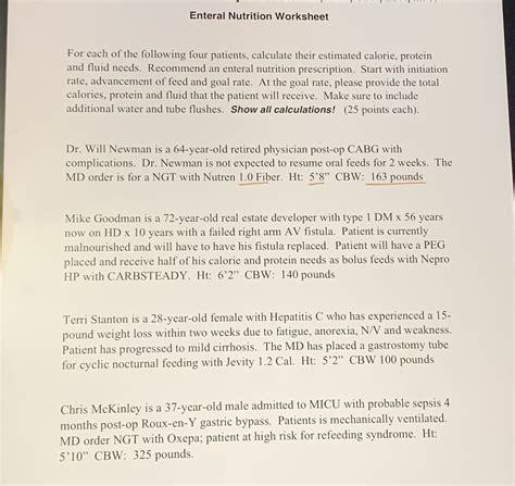 Enteral Nutrition Worksheet For Each Of The Following Four Course Hero
