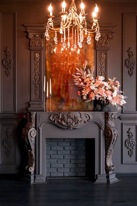 Black Room Interior With Chandelier Mirror And Fireplace Decorated